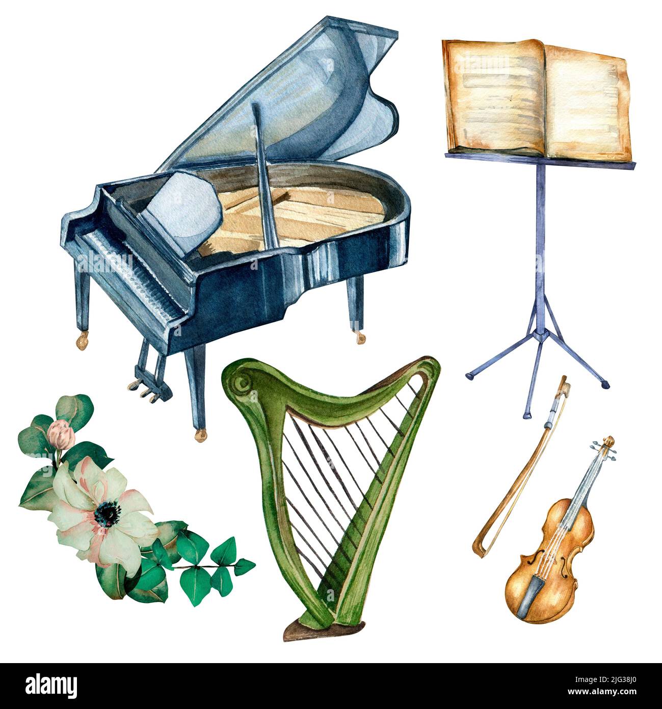 Grand piano, violin, harp, notes watercolor illustration on white ...