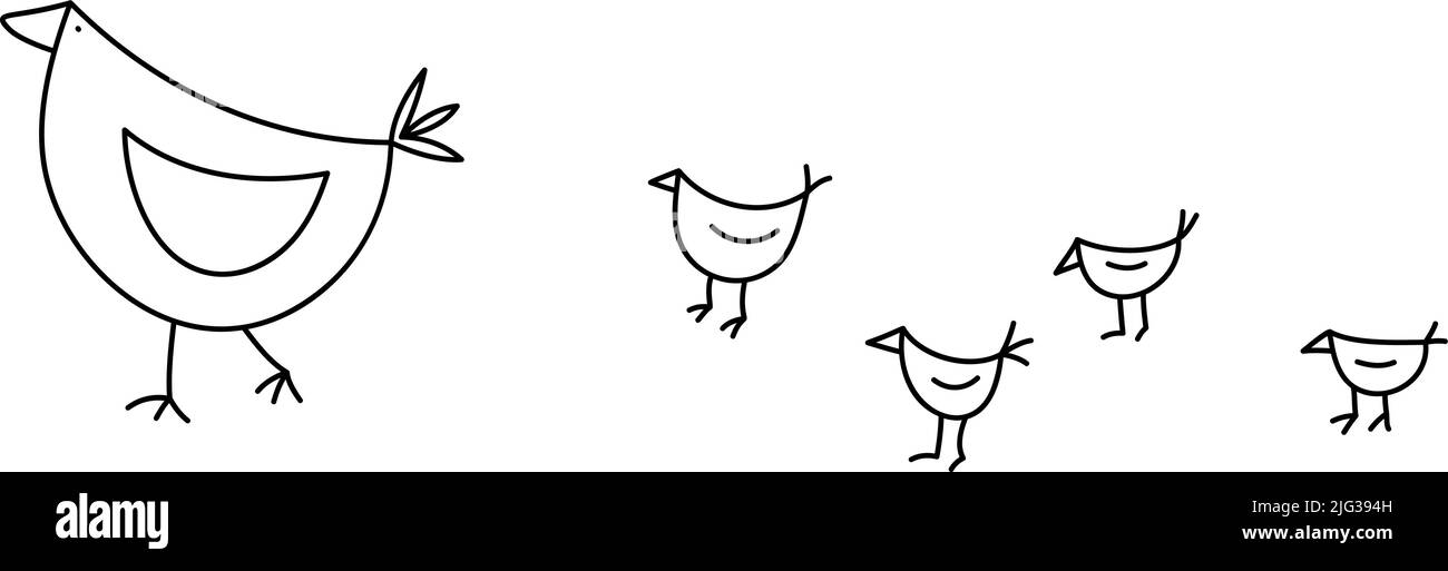 Vector Monoline Cute Bird hen with chickens. line art outline logo icon ...