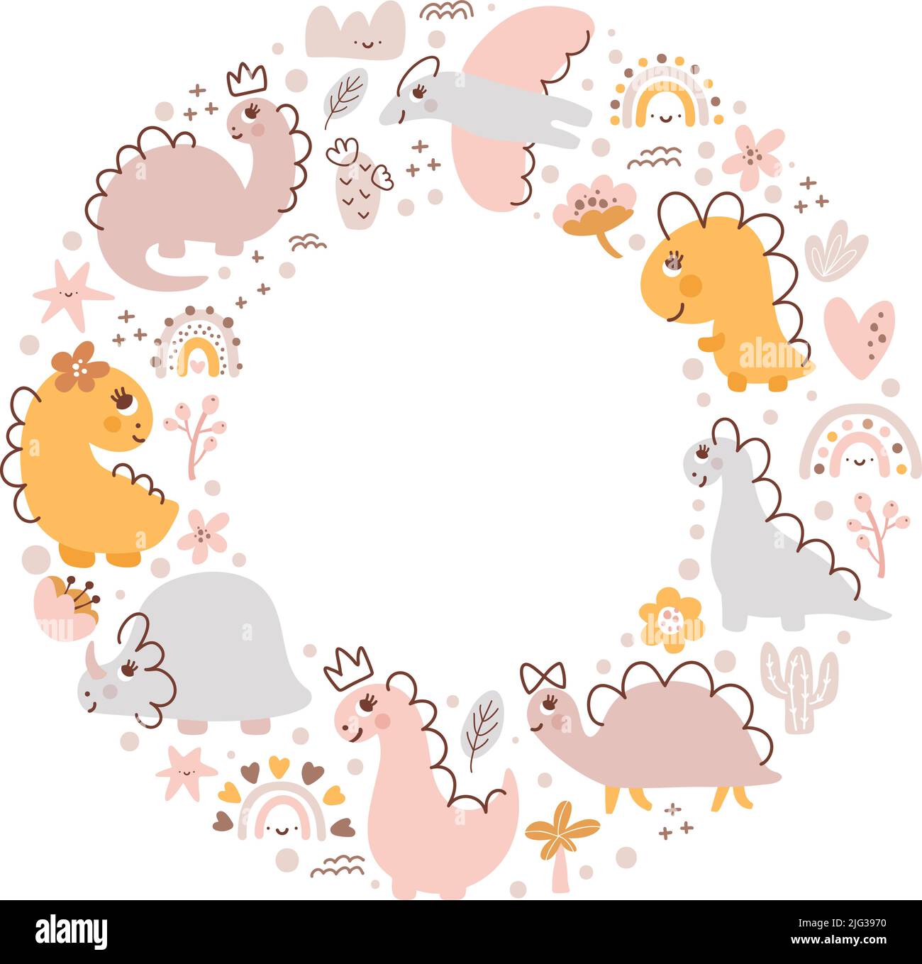Summer vector round baby frame with dino girl and rainbow in colorful ...