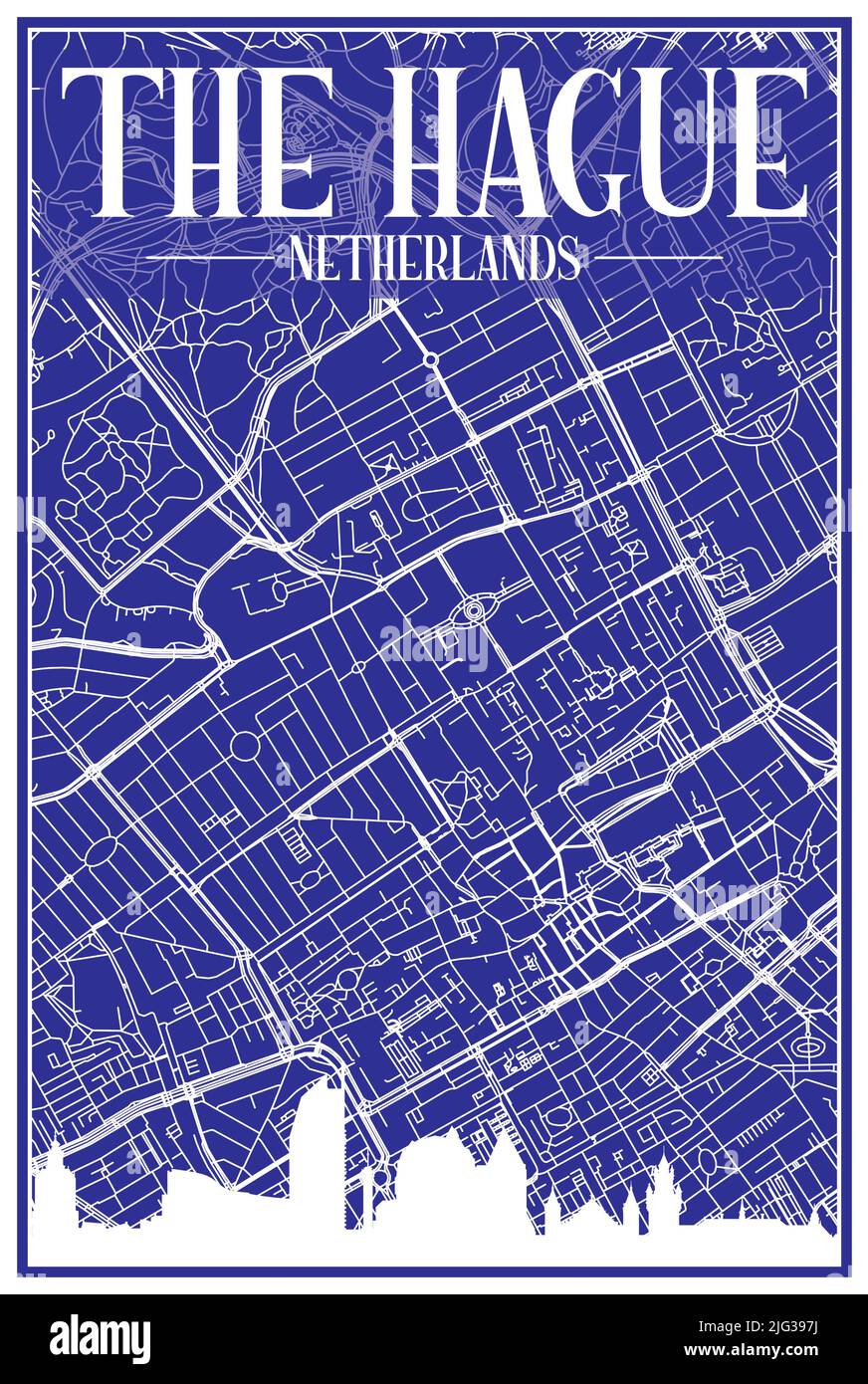 Technical drawing printout city poster with panoramic skyline and hand ...