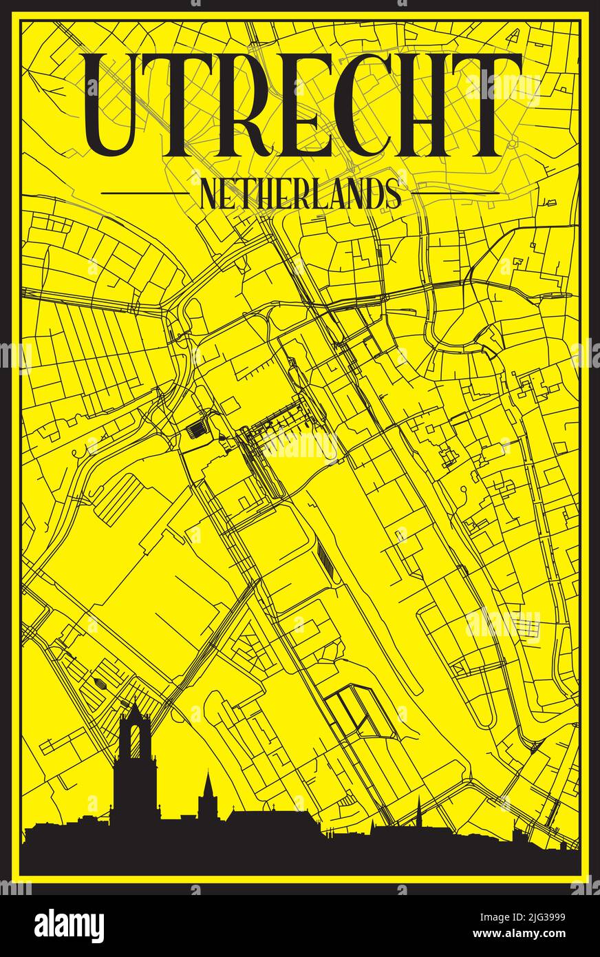 Golden printout city poster with panoramic skyline and hand-drawn ...