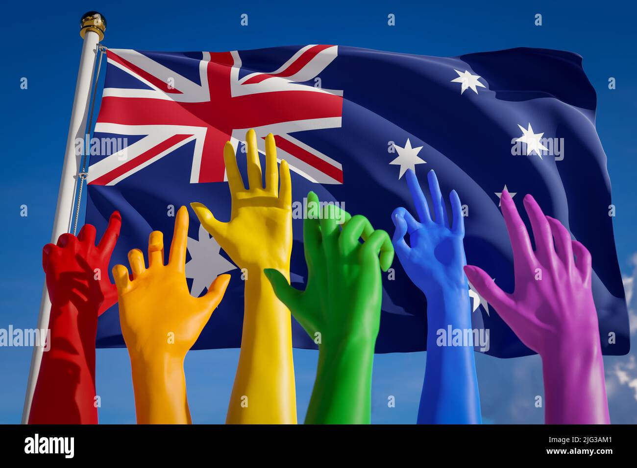 Rainbow colored hands from lgbt community over flag of Australia ...