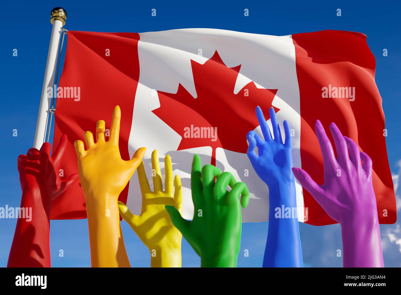 Rainbow colored hands from lgbt community over flag of Canada. Canadian ...