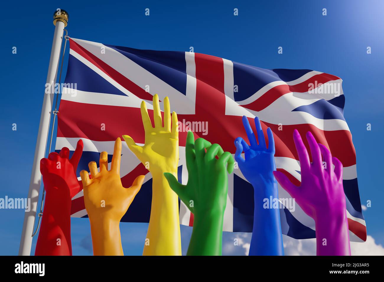 Rainbow colored hands from lgbt community over flag of United Kingdom ...