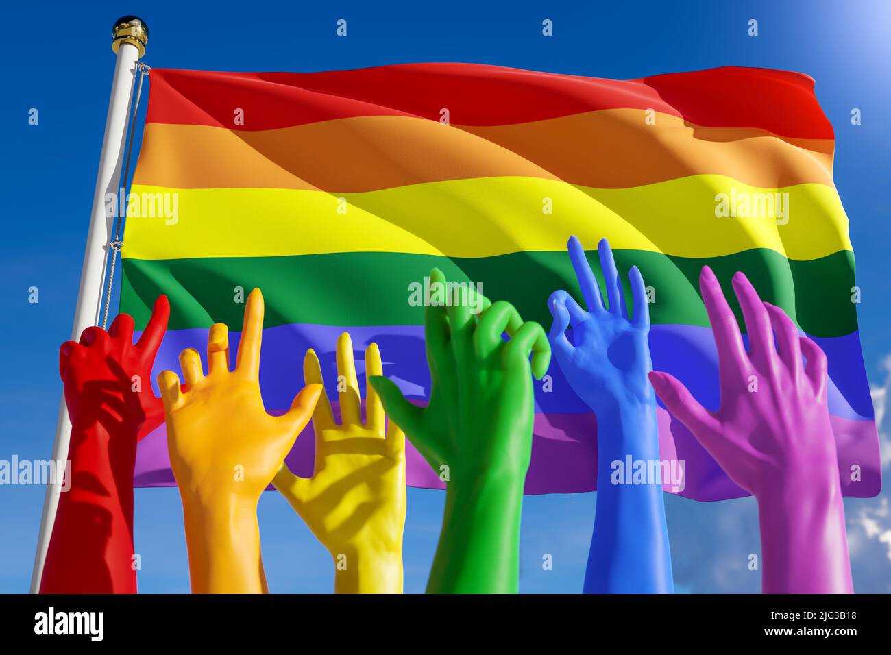 Rainbow colored hands from lgbt community over rainbow flag. World gay ...