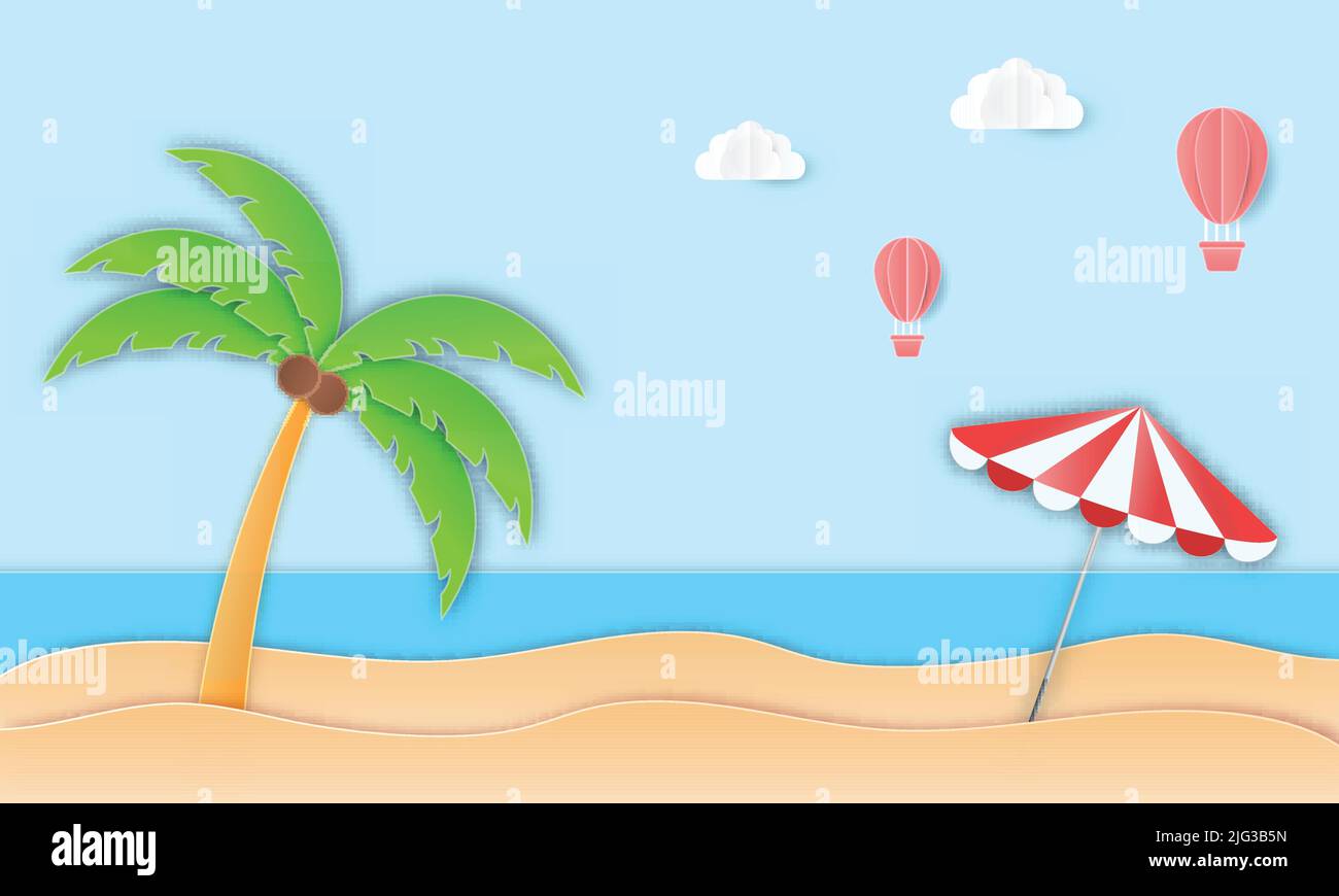 Paper Cut Beach Background With Coconut Tree, Umbrella, Hot Air ...