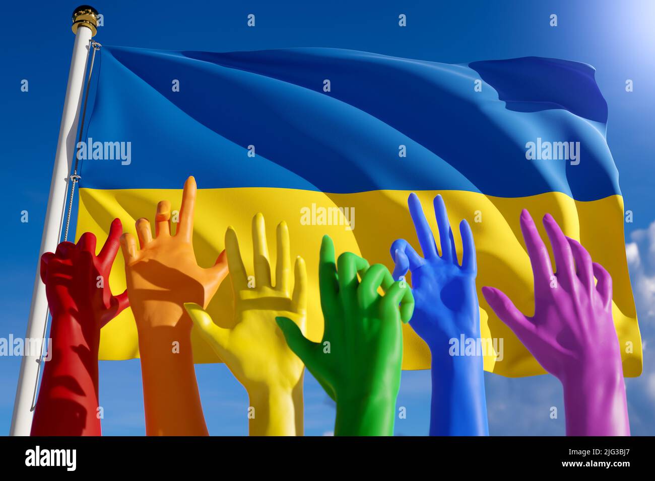 Rainbow colored hands from lgbt community over flag of Ukraine ...
