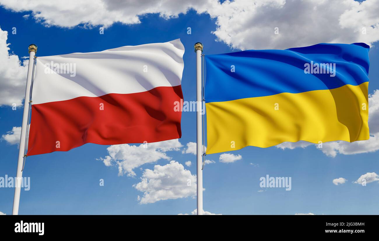 Polish and Ukrainian flags over blue sky. Concept of diplomacy ...