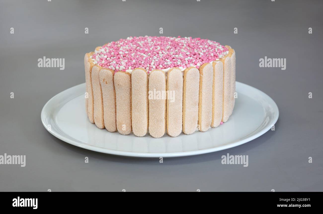 Typical Dutch mouse rusk with pink mice on a cake, for baby girl shower ...