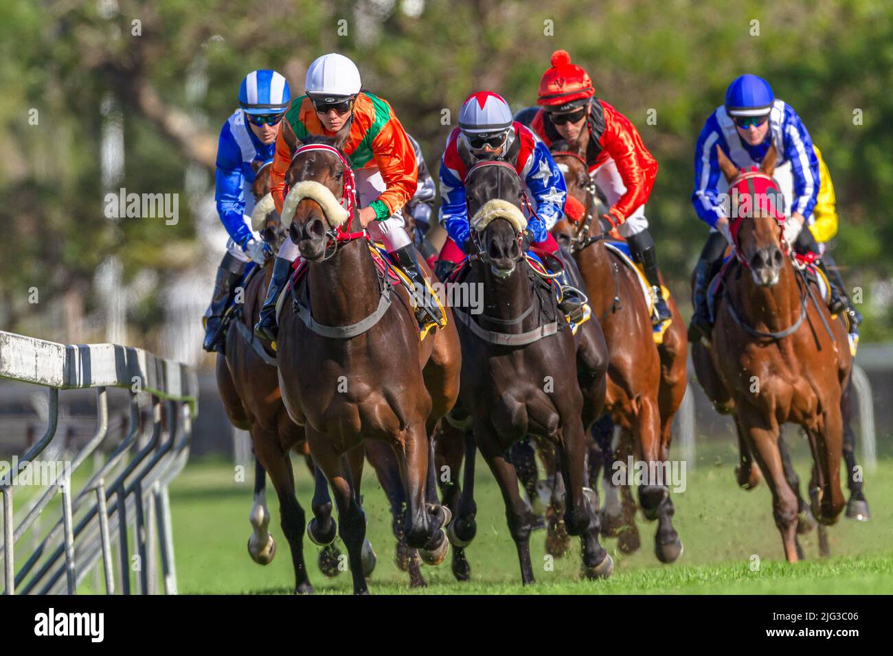 Horse racing closeup action of jockeys horses on race track Stock Photo ...