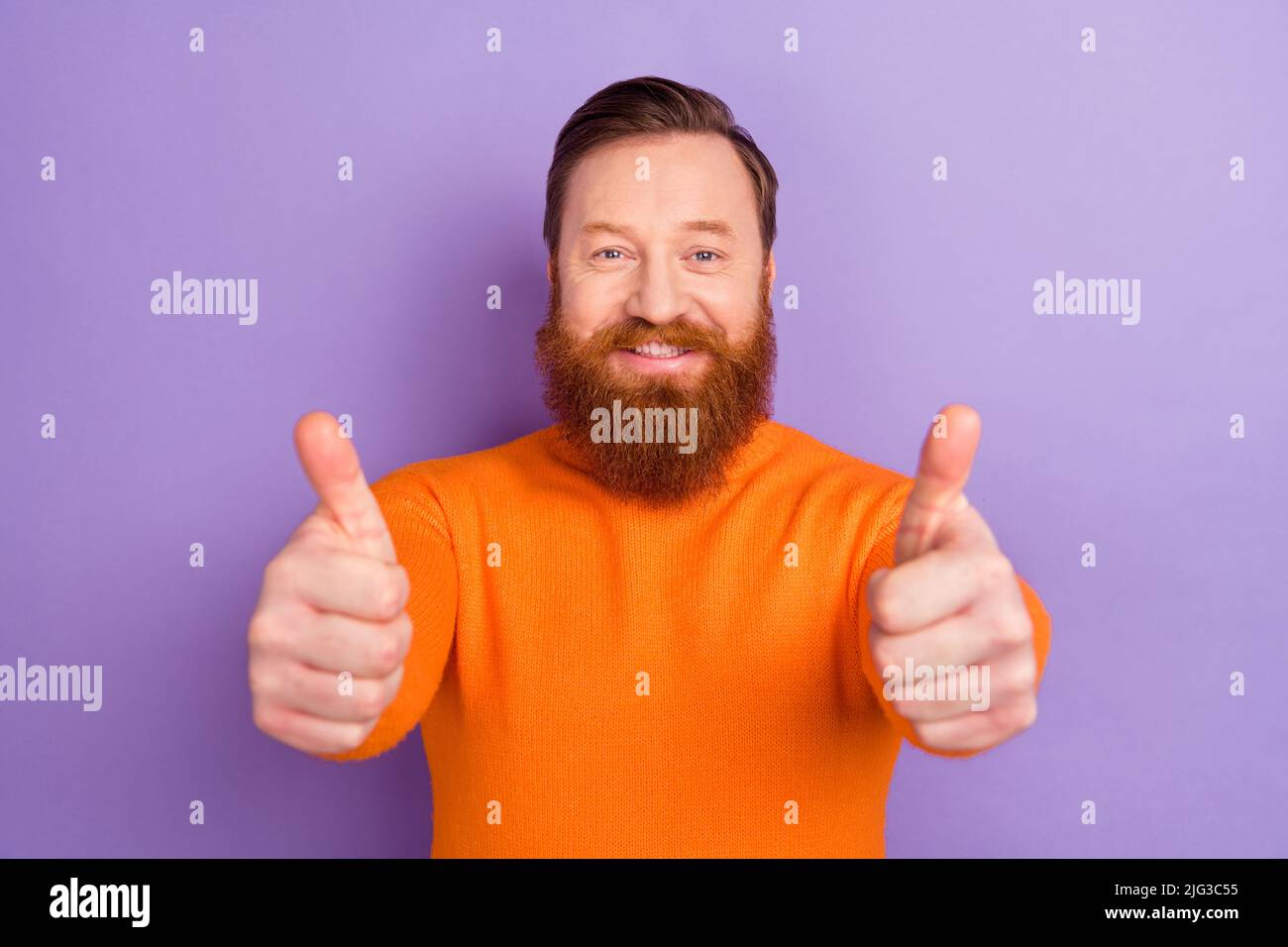 Photo of handsome guy in vivid color sweater show thumb-up cheer you up ...