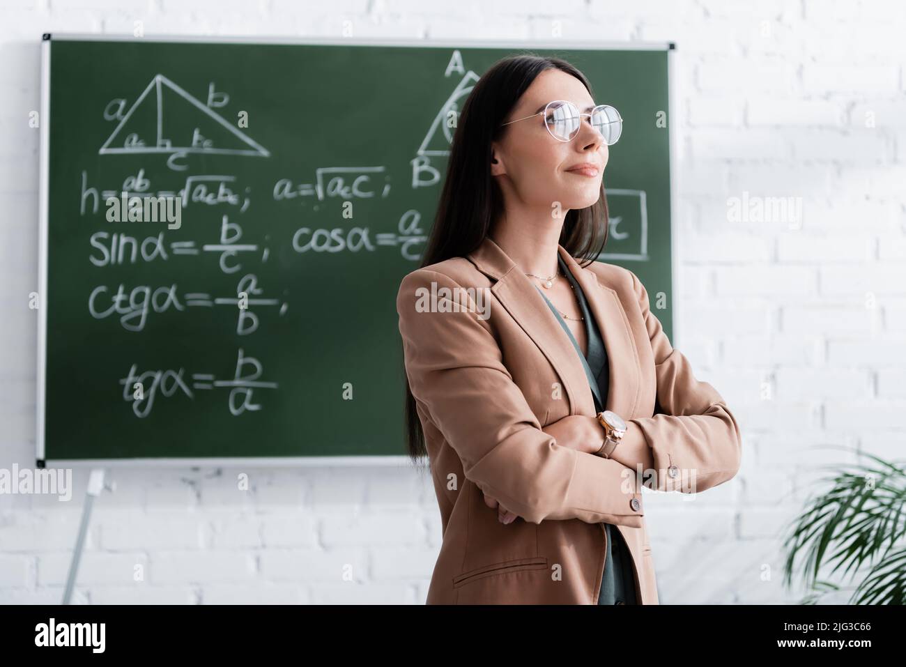 Teacher in eyeglasses standing near chalkboard in school Stock Photo ...