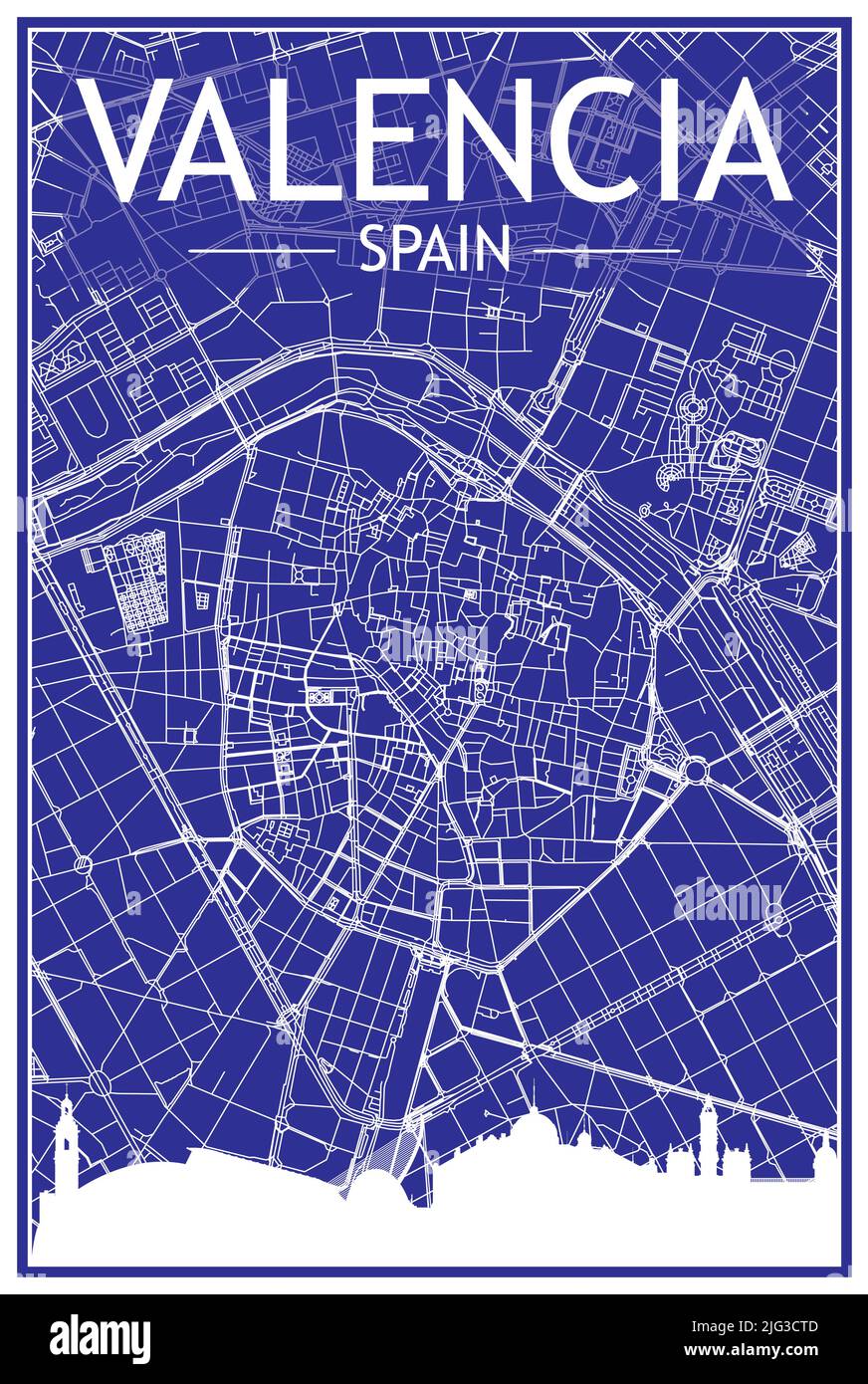 Technical drawing printout city poster with panoramic skyline and hand ...