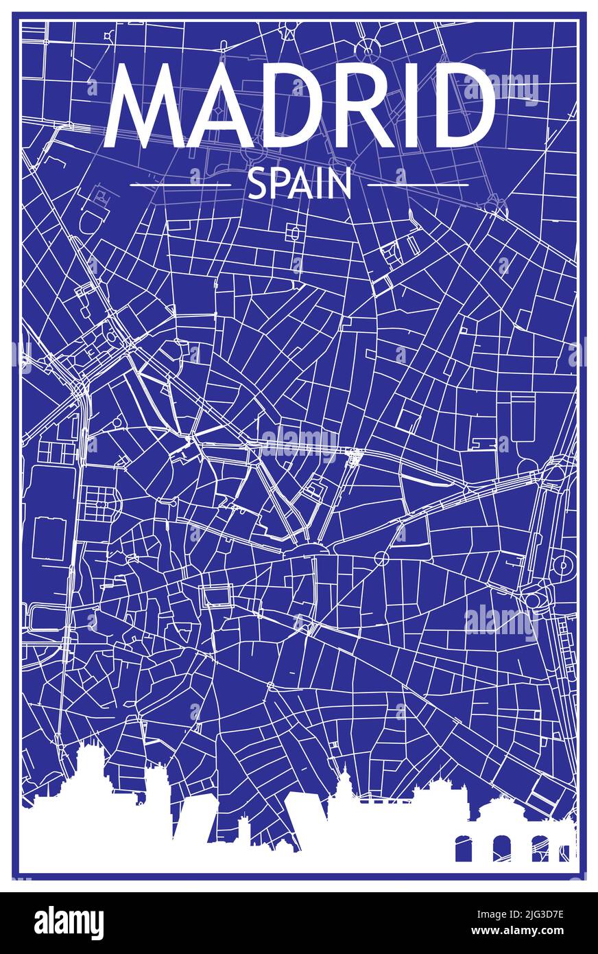 Technical drawing printout city poster with panoramic skyline and hand ...