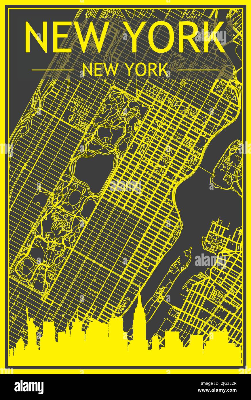 Yellow printout city poster with panoramic skyline and hand-drawn ...