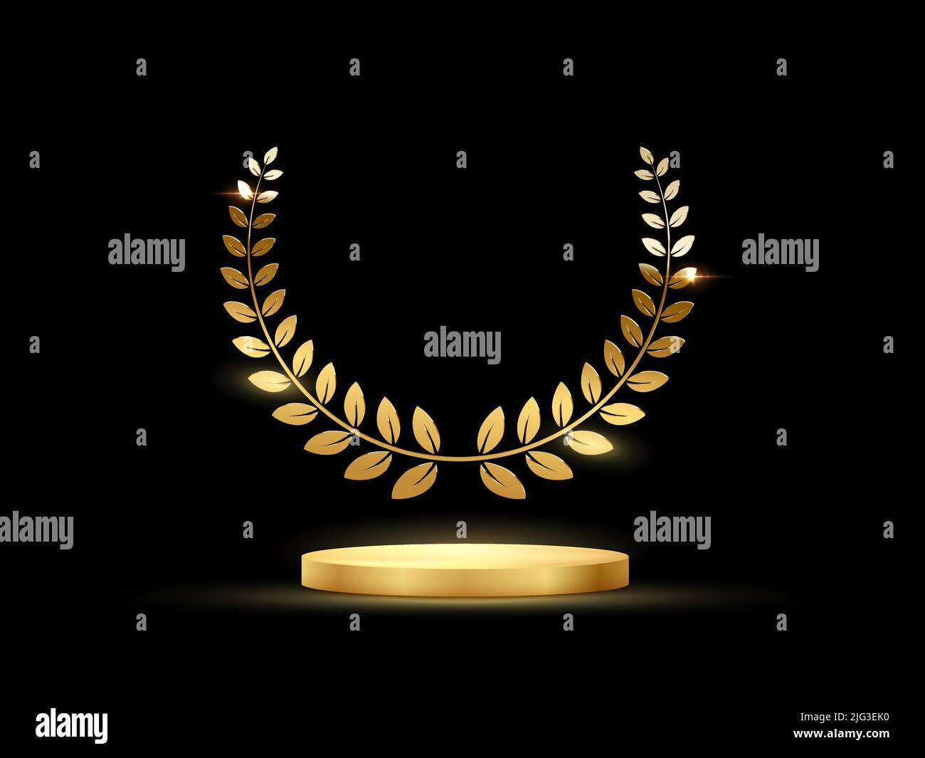Golden podium for first place with laurel wreath. Gold rank on stage on ...