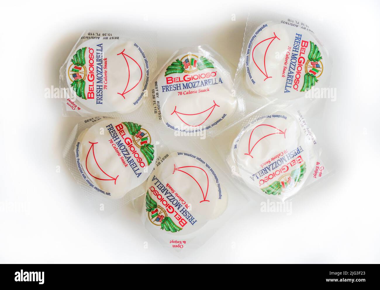 Fresh Mozzarella cheese snacks packages on a white background Stock ...