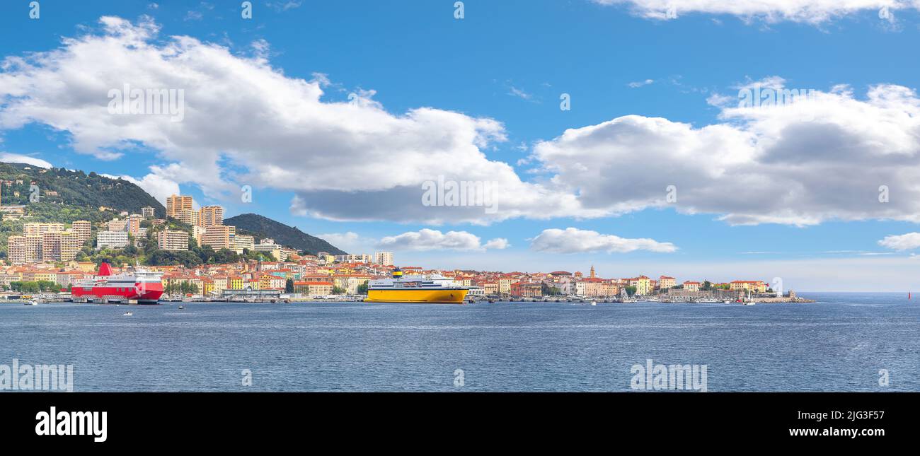 Incredible morning cityscape of Ajaccio city and port. Popular tourist ...