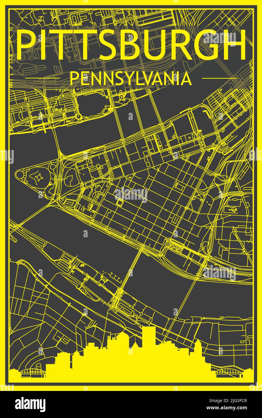 Yellow printout city poster with panoramic skyline and hand-drawn ...
