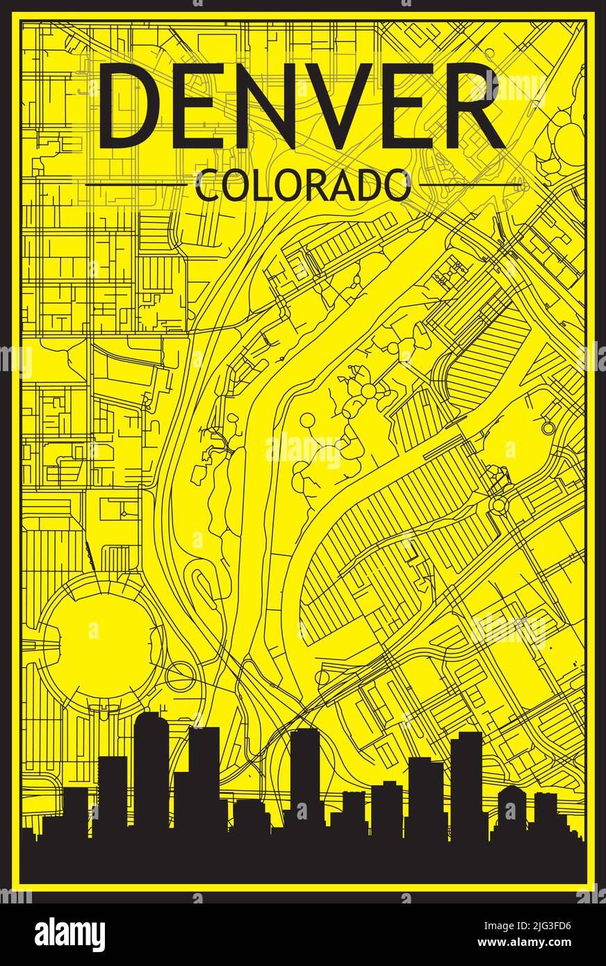 Golden printout city poster with panoramic skyline and hand-drawn ...