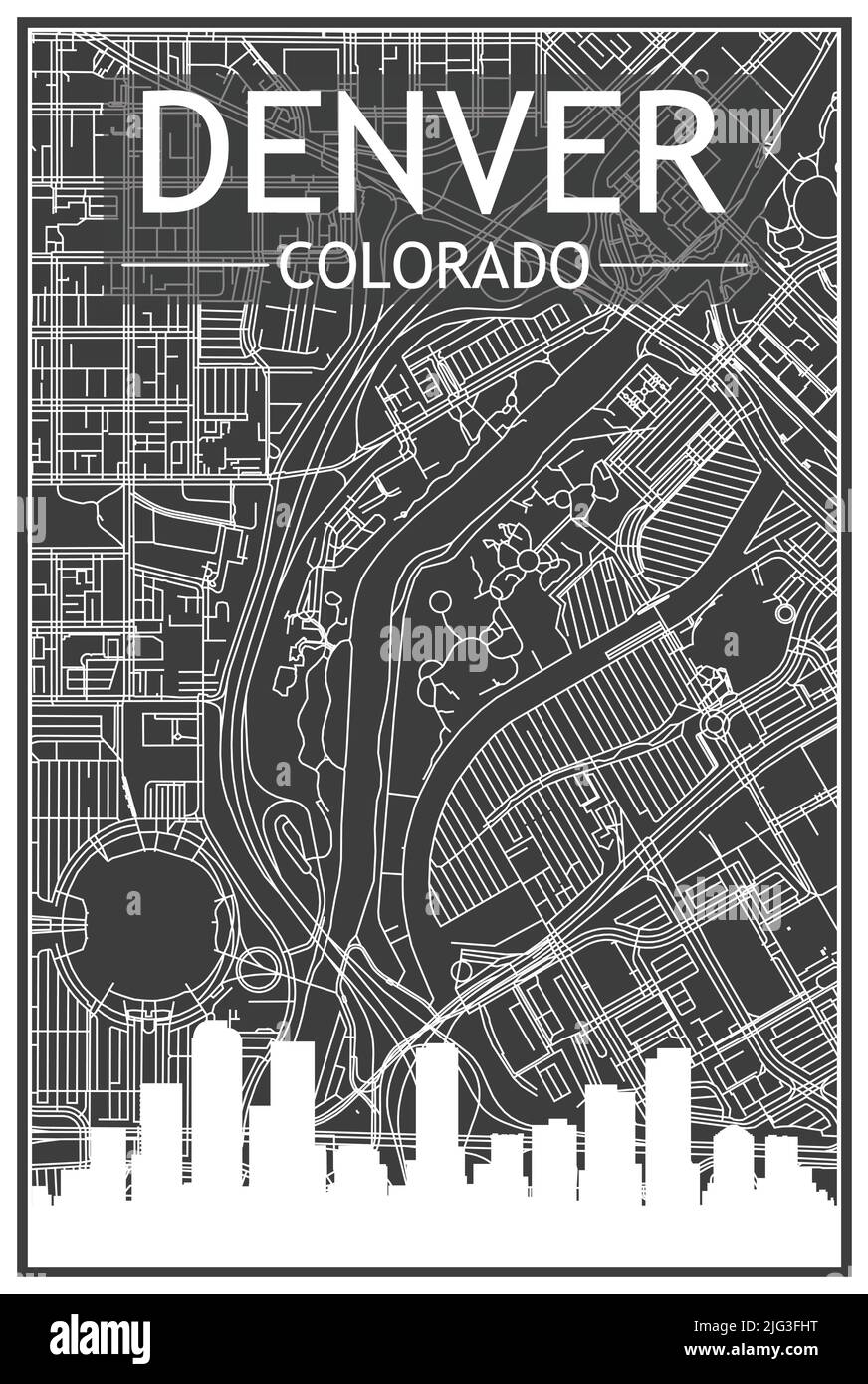 Dark printout city poster with panoramic skyline and hand-drawn streets ...