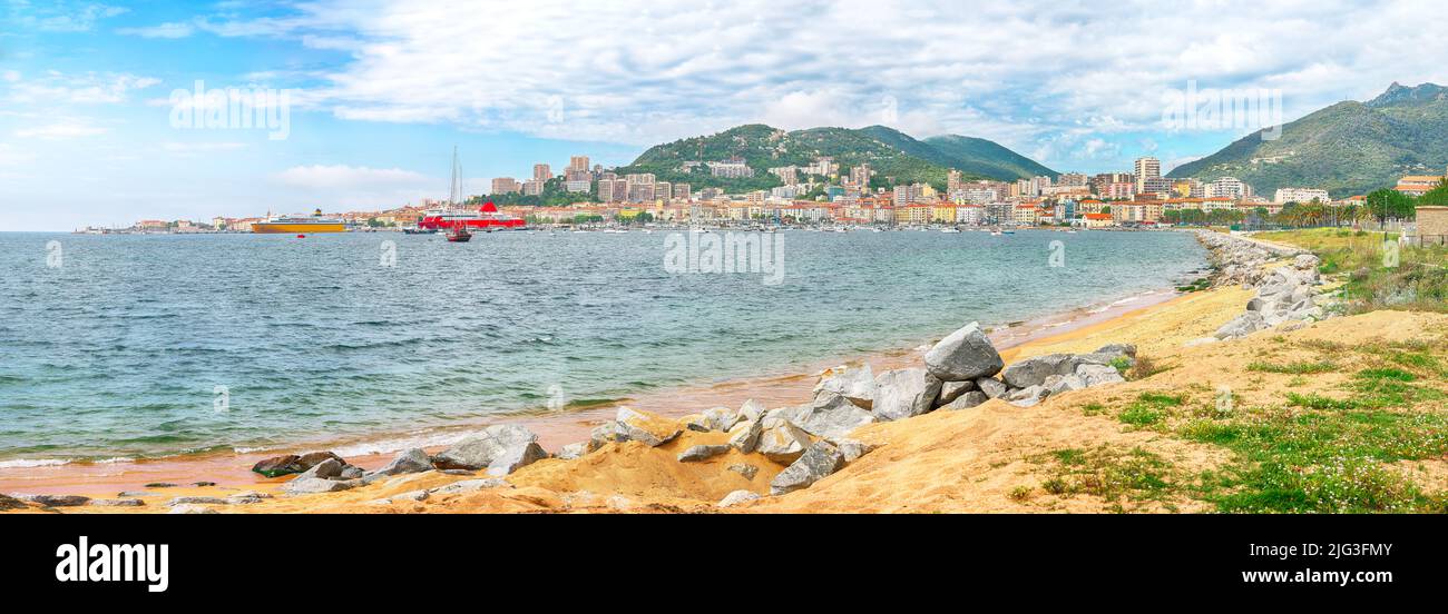 Incredible morning cityscape of Ajaccio city and port. Popular tourist ...
