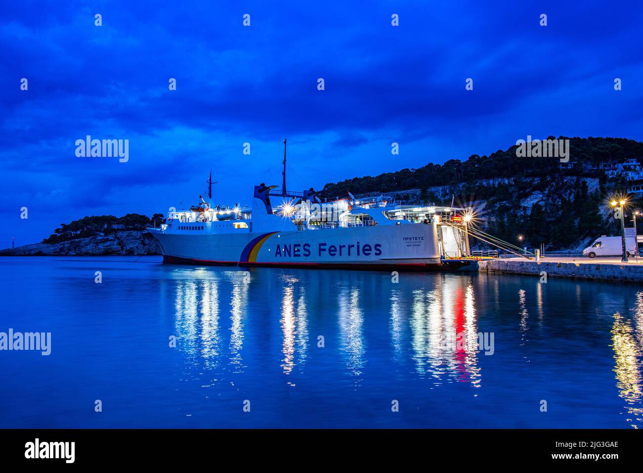 Proteus Ferry boat from Anes company docked in Alonissos port on the ...