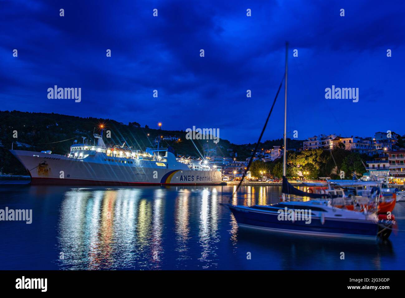 Proteus Ferry boat from Anes company docked in Alonissos port on the ...