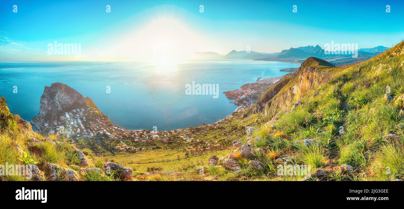 Outstanding morning view of Porticello town with cape Zafferano and ...