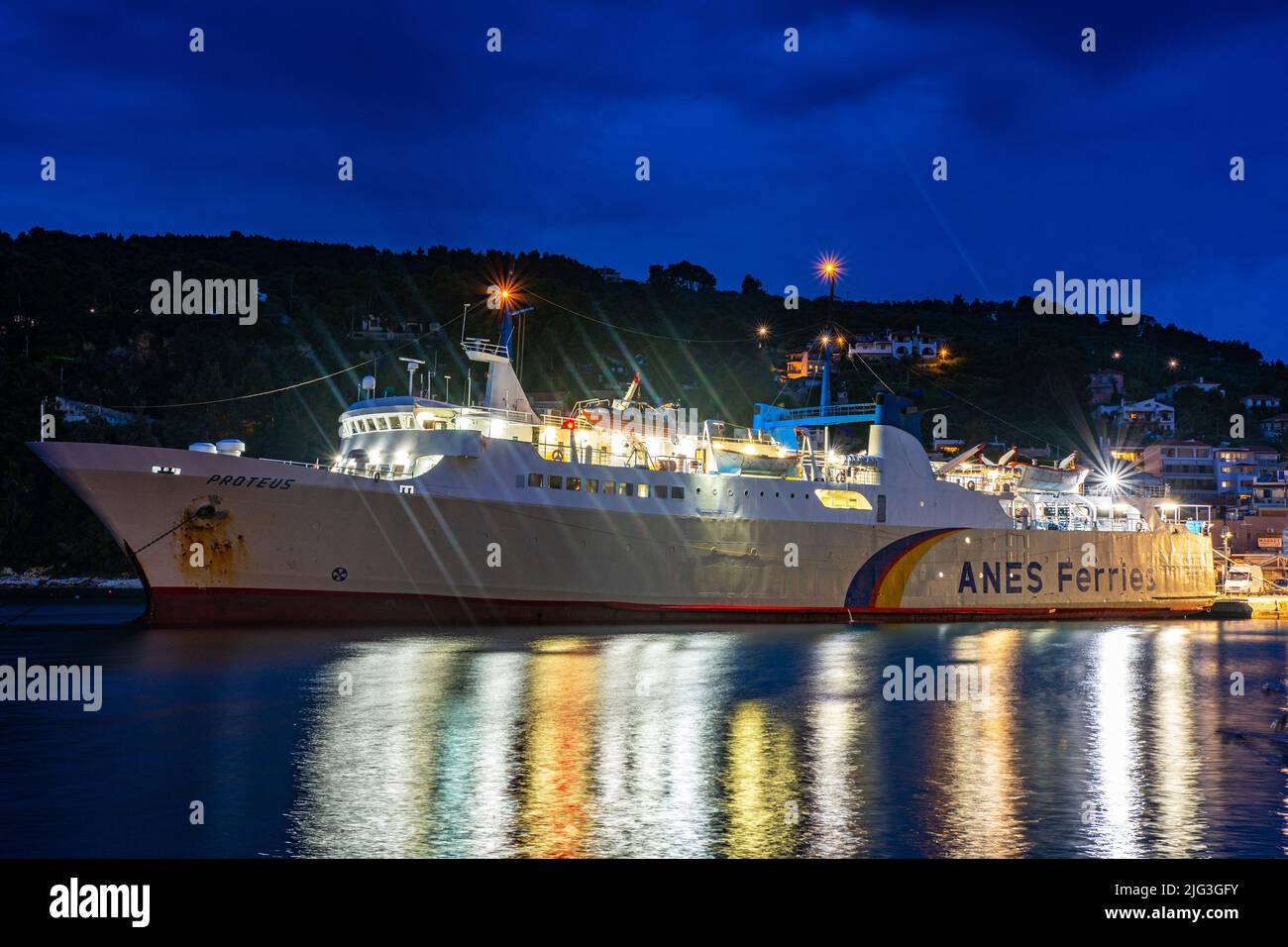 Proteus Ferry boat from Anes company docked in Alonissos port on the ...