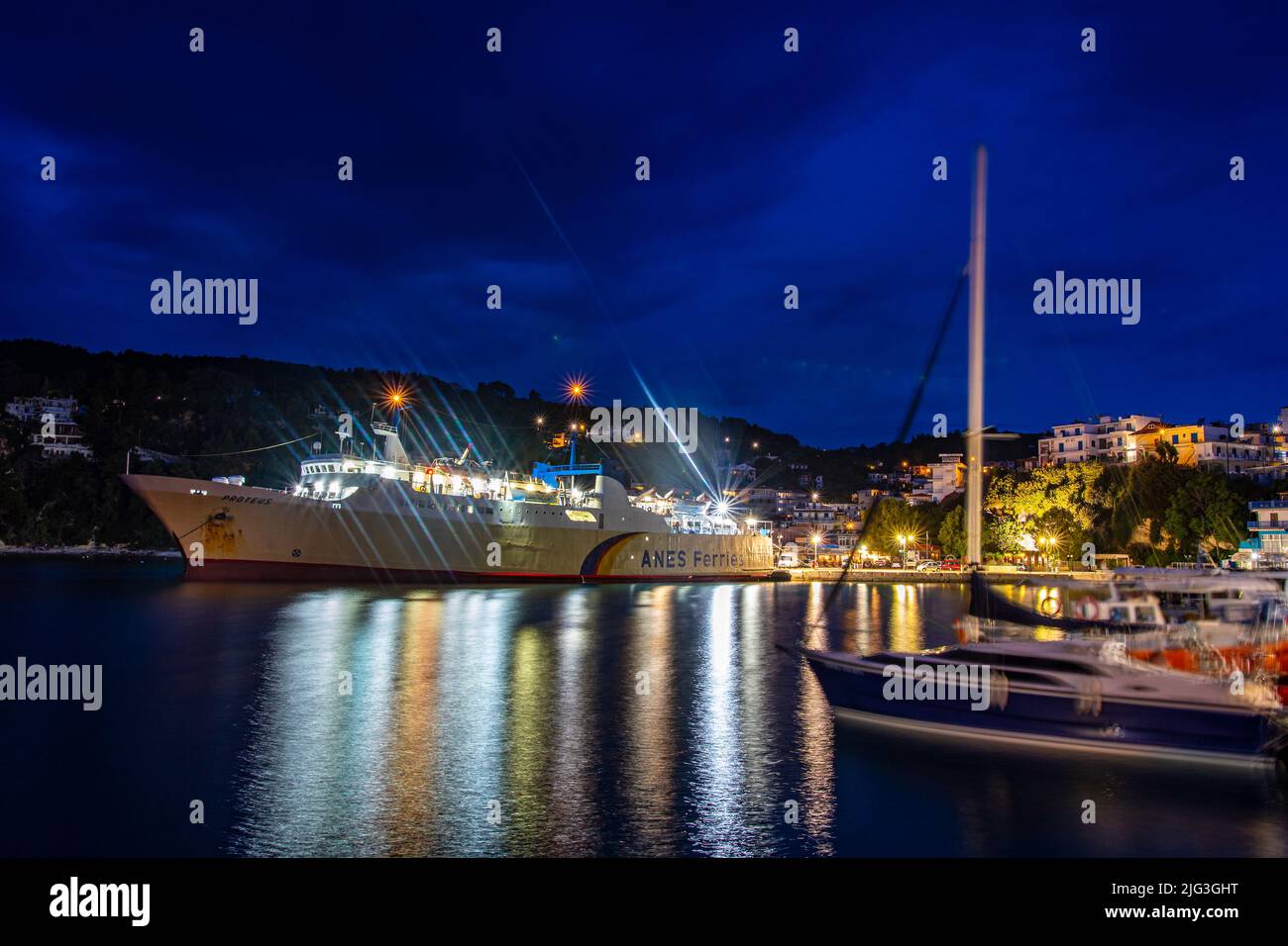 Proteus Ferry boat from Anes company docked in Alonissos port on the ...