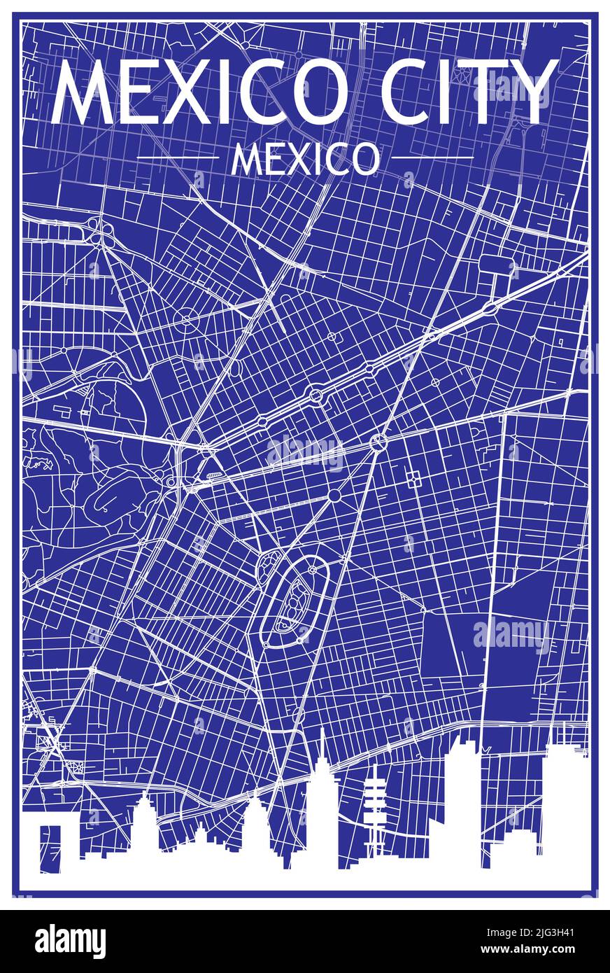 Technical drawing printout city poster with panoramic skyline and hand ...