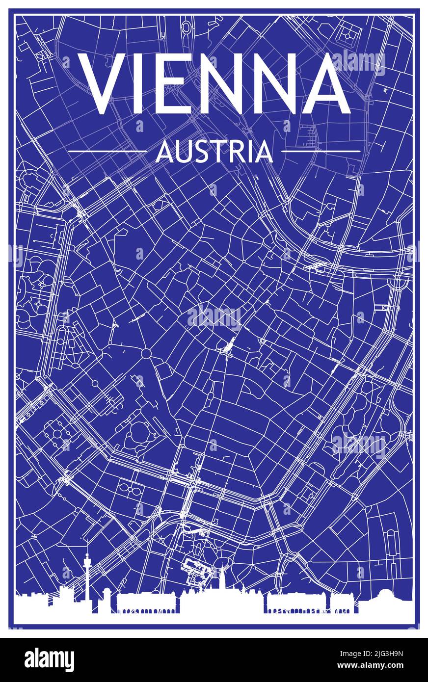 Technical drawing printout city poster with panoramic skyline and hand ...