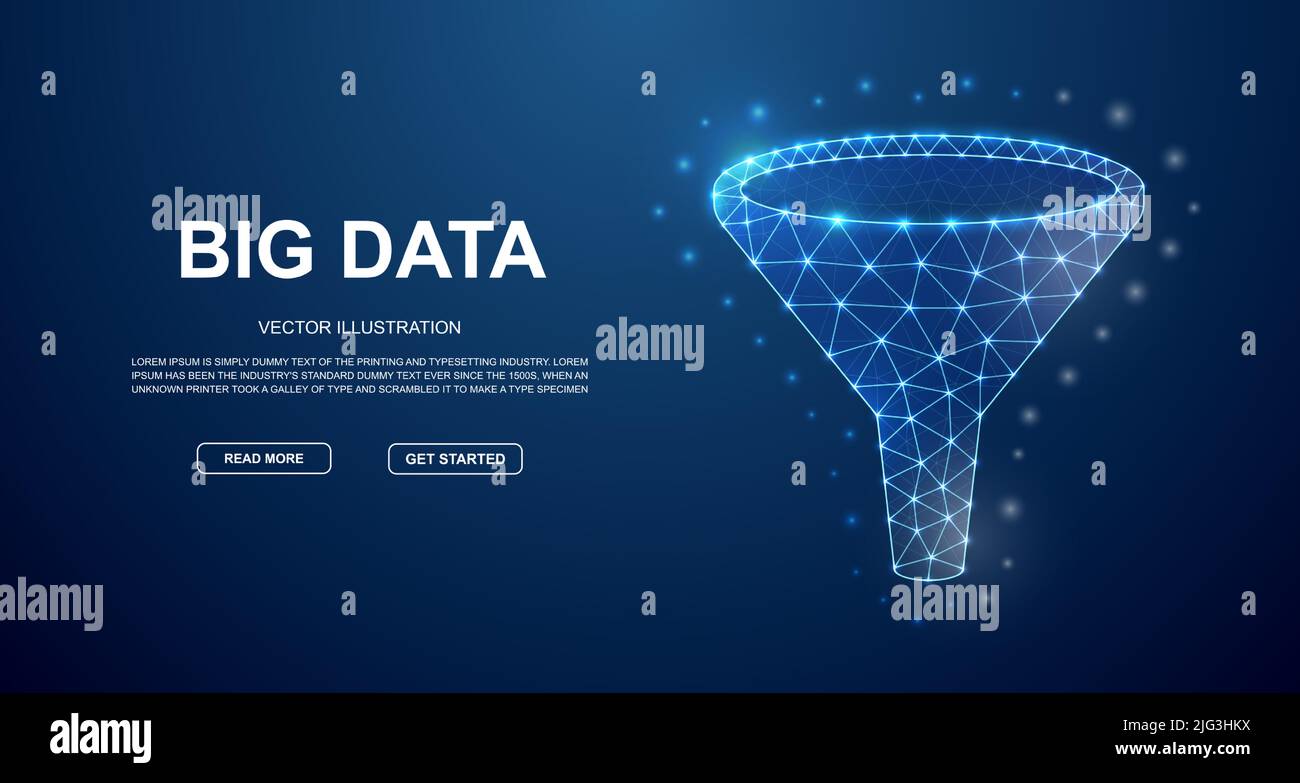 Funnel 3d low poly symbol with connected dots for blue landing page ...