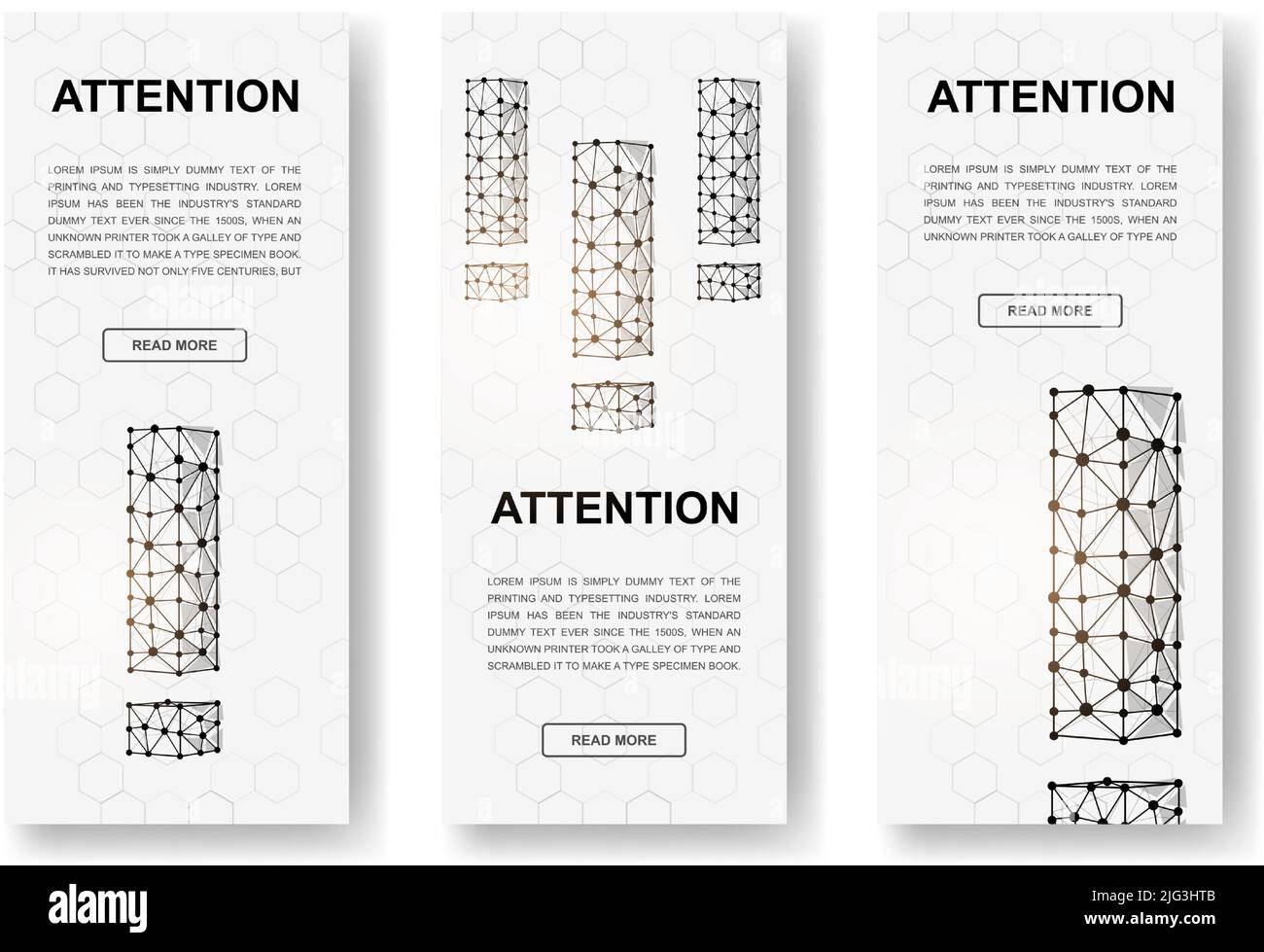 Set of three Exclamation mark polygonal vertical banners. 3d Attention low poly symbols with ...