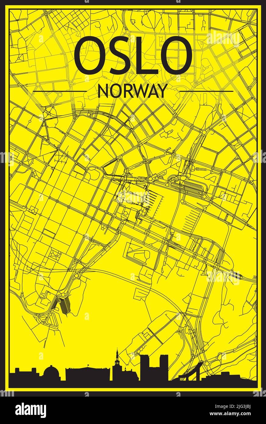 Golden printout city poster with panoramic skyline and hand-drawn ...