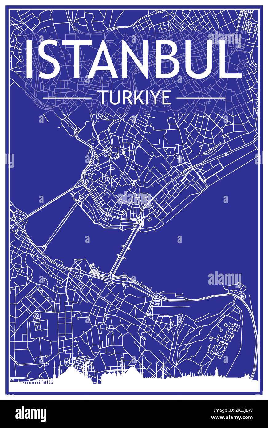 Technical drawing printout city poster with panoramic skyline and hand ...