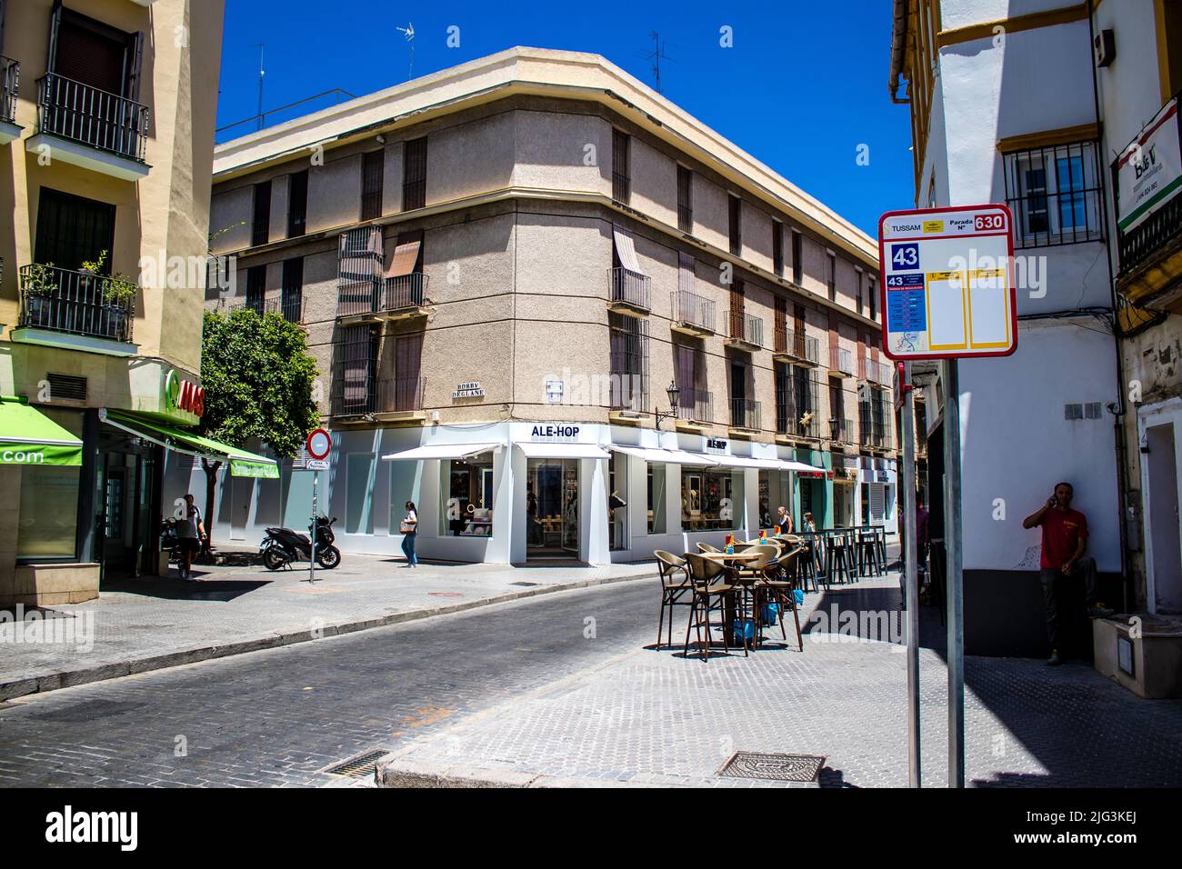 Seville, Spain - July 04, 2022 Facade of a building in the streets of ...
