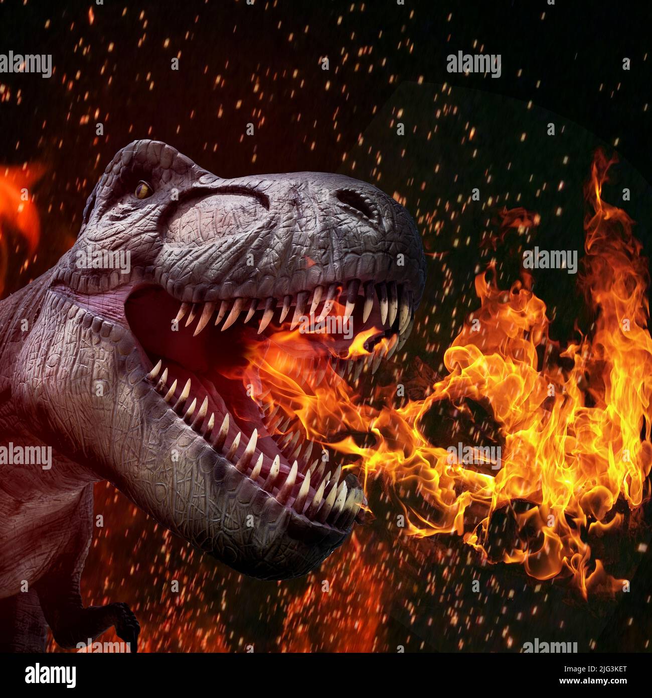 Fire-breathing tyrant dinosaur on black with flames background Stock ...