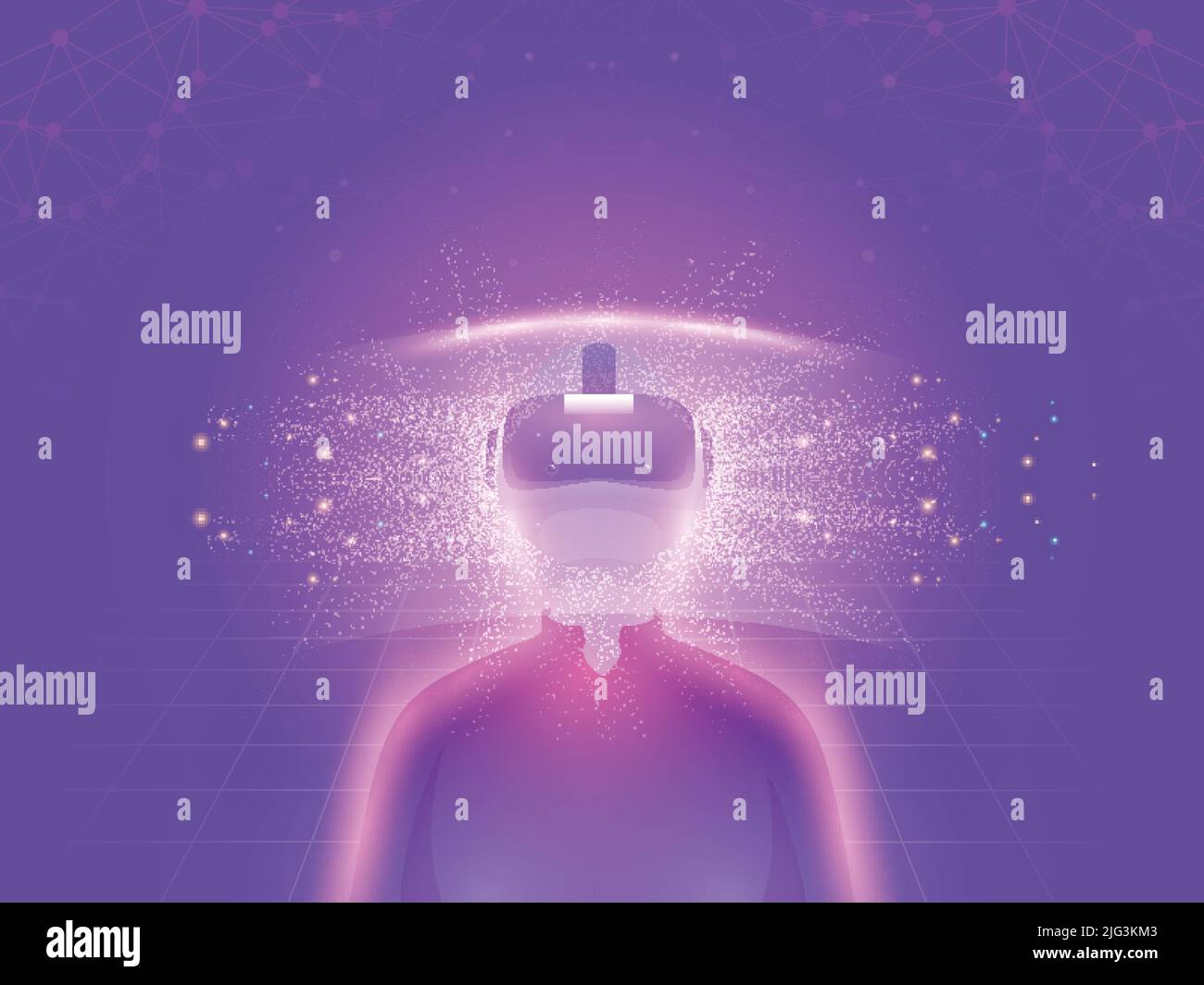 Cartoon Man Wearing VR Box And Lights Effect On Violet Background Stock ...