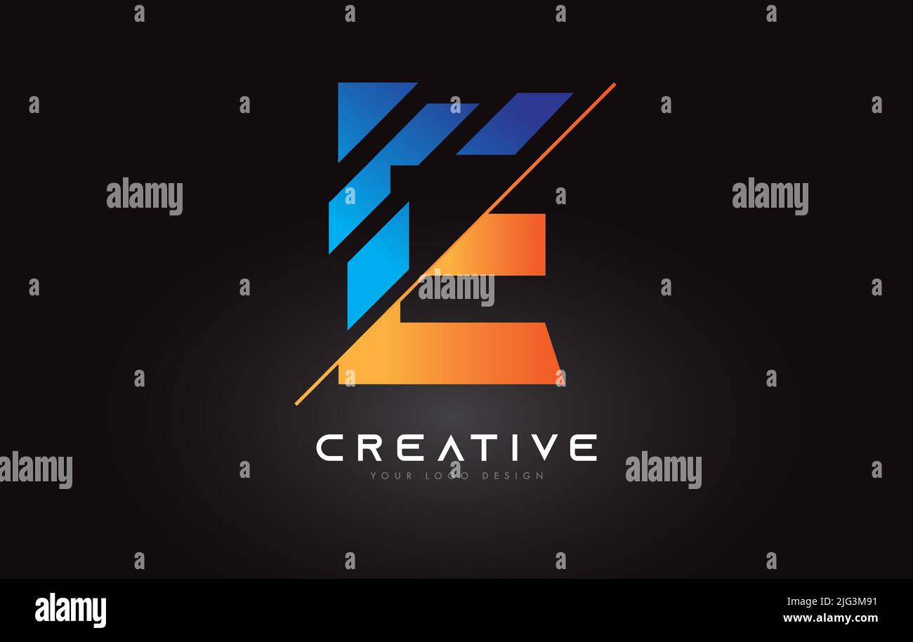 Sliced Letter E Logo Icon Design with Blue and Orange Colors and Cut ...