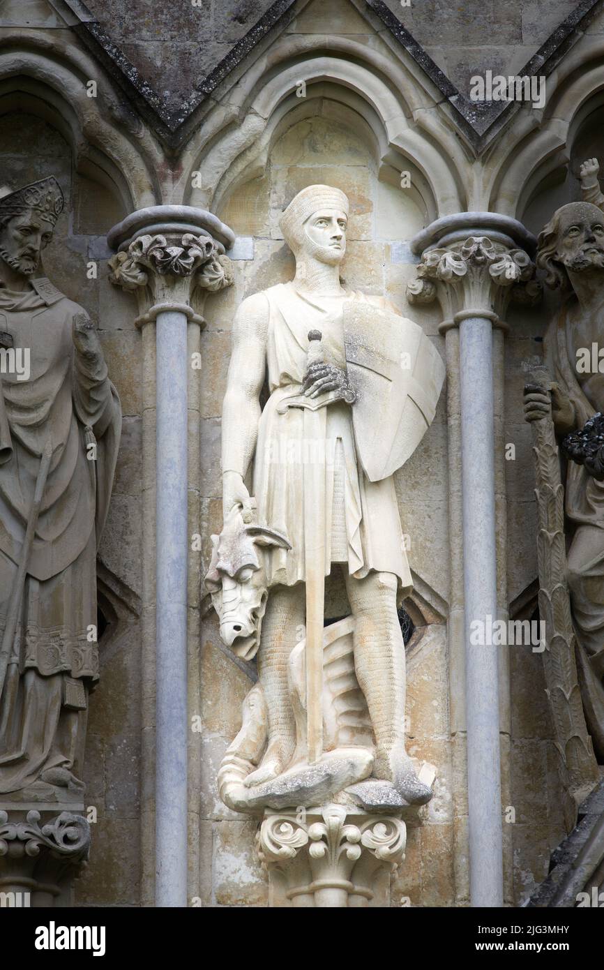 Statue of St George and the dragon on the west front of the medieval ...