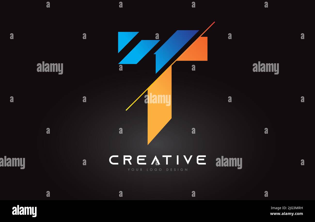 Sliced Letter T Logo Icon Design with Blue and Orange Colors and Cut ...
