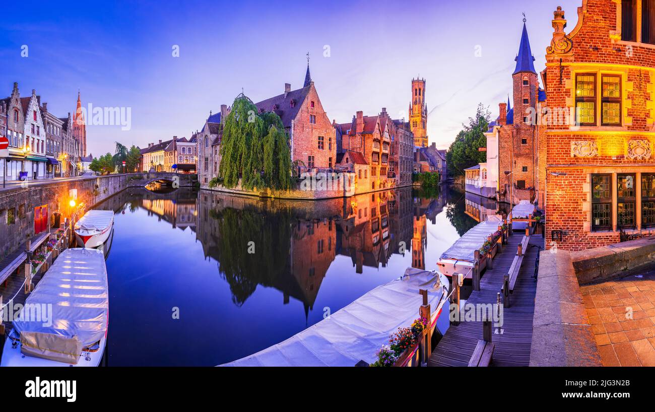 Bruges, Belgium. Blue hour landscape with beautiful Rozenhoedkaai in ...