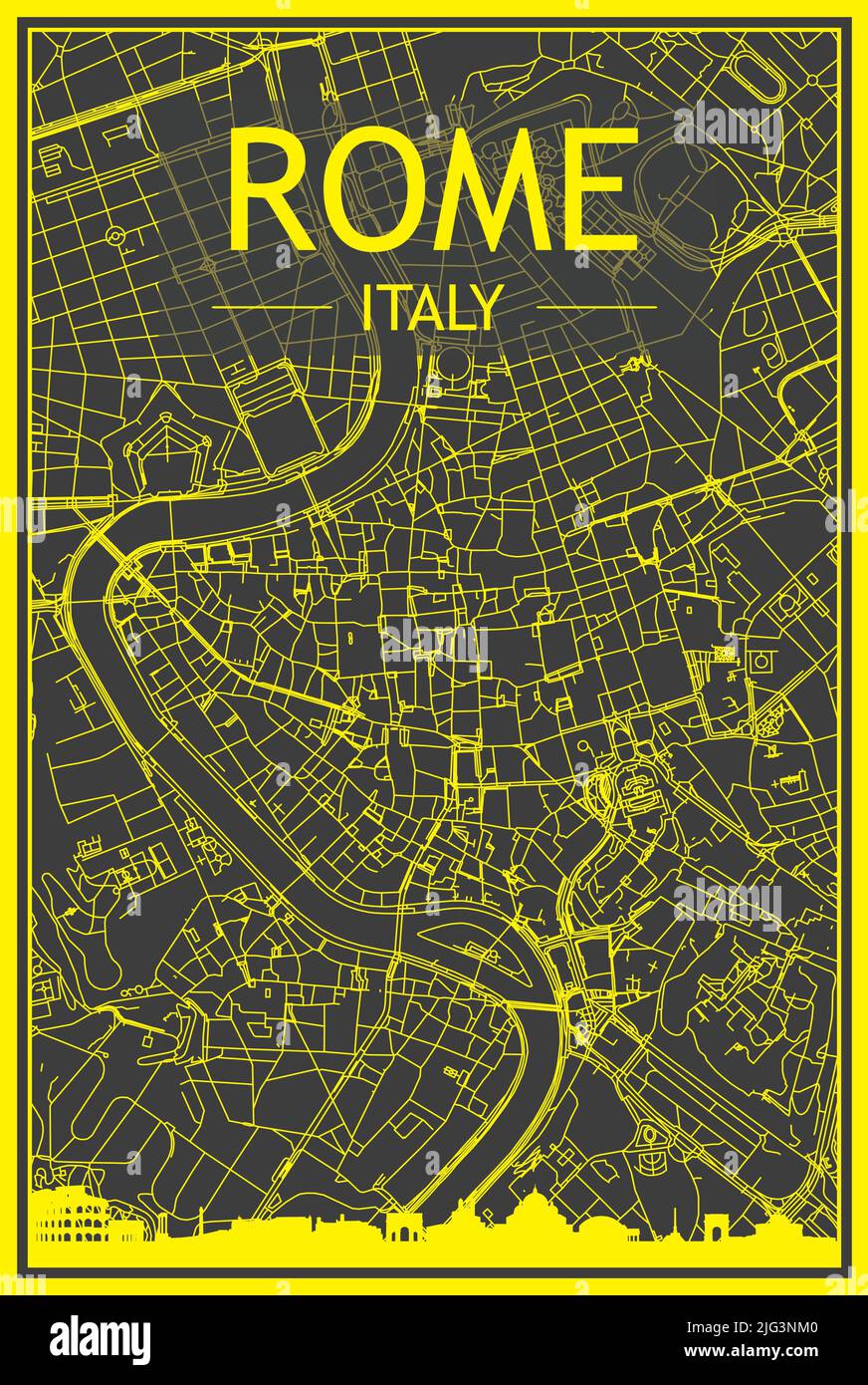 Yellow printout city poster with panoramic skyline and hand-drawn ...