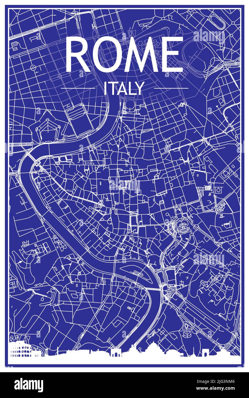 Technical drawing printout city poster with panoramic skyline and hand ...