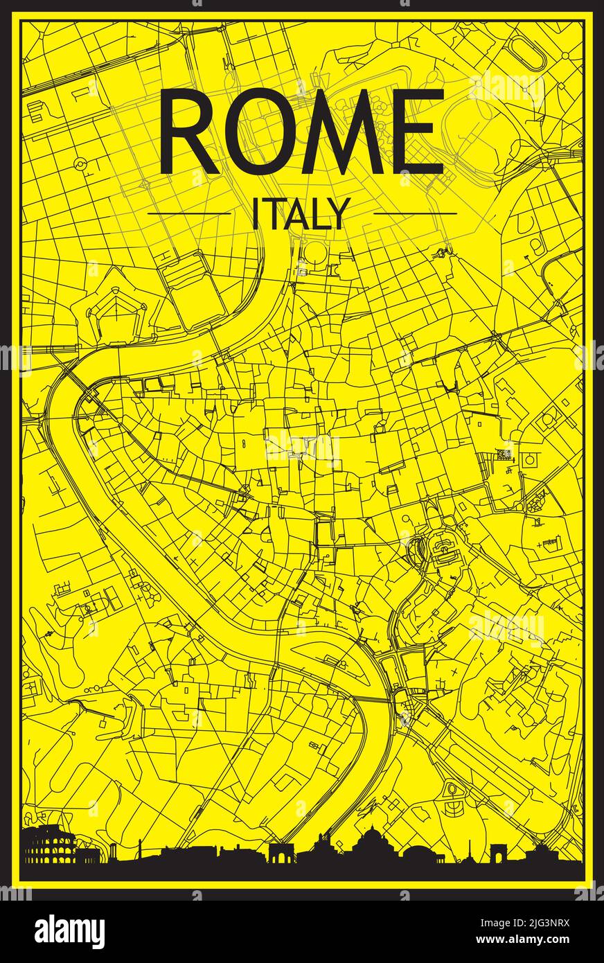 Golden printout city poster with panoramic skyline and hand-drawn ...
