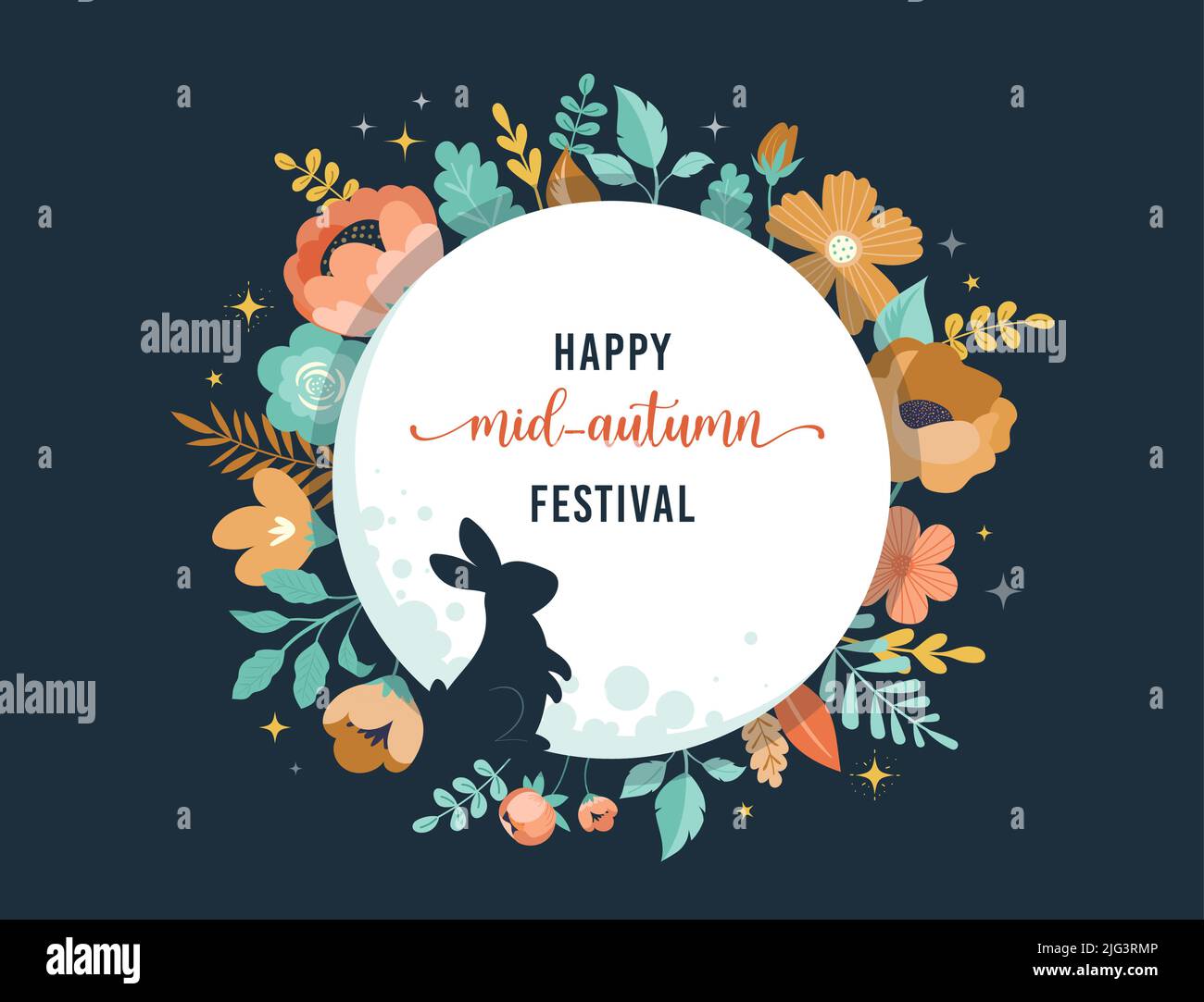 Modern style Mid Autumn Festival. Traditional flowers, full moon and ...