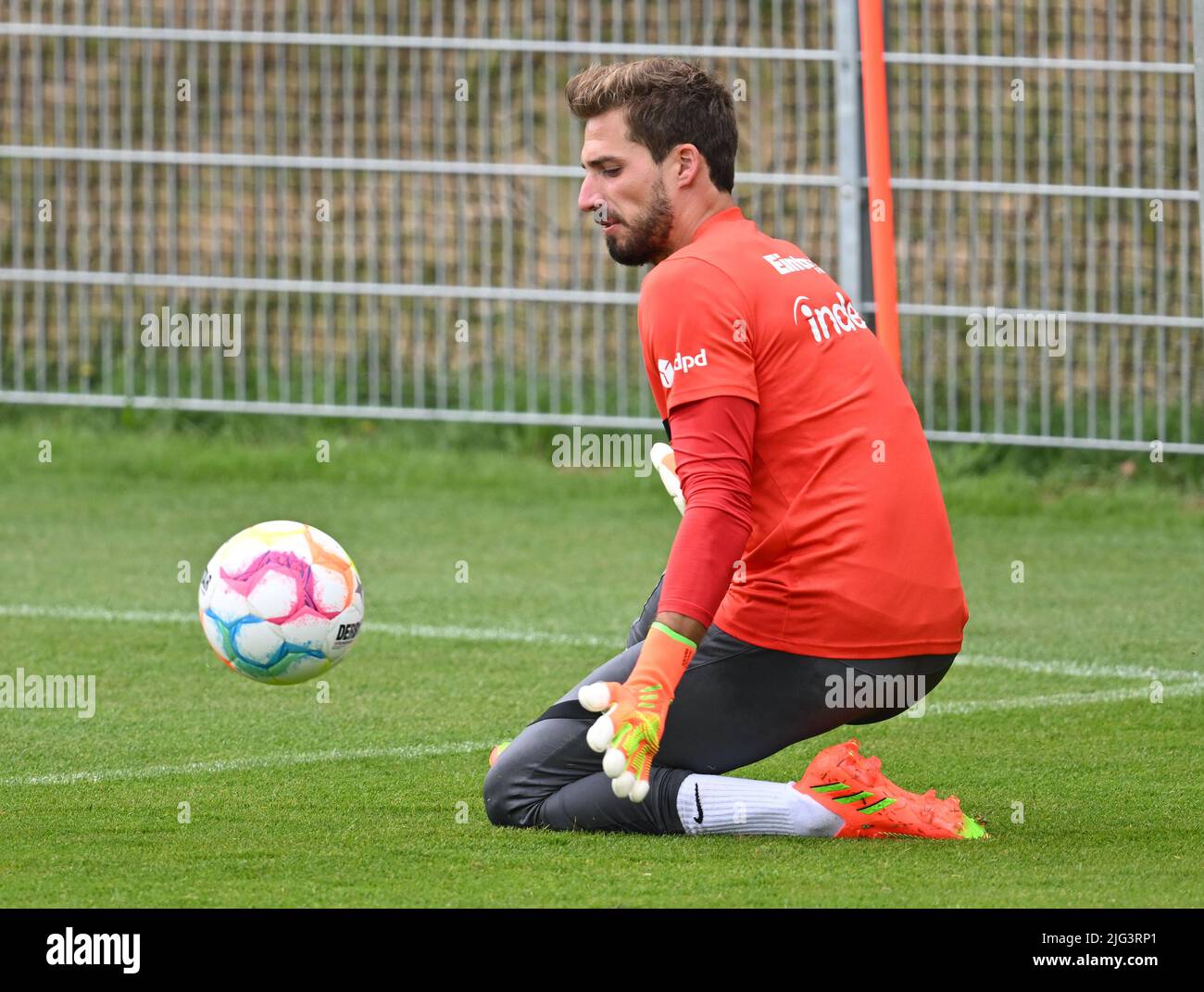 07 July 2022, Hessen, Frankfurt/Main: Goalkeeper Kevin Trapp goes for ...