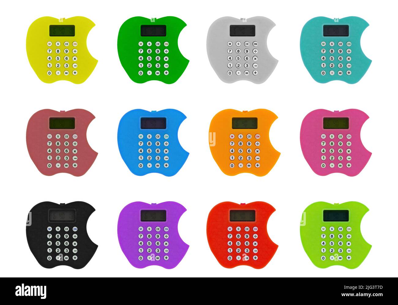 Collection of colorful calculators isolated on white Stock Photo - Alamy